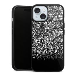 DeinDesign iPhone 15 Handy Gallery Case Handyh&uuml;lle 9H Geh&auml;rtetes Glas R&uuml;ckseite H&uuml;lle Muster Snowflake Glitzer Gallery Case