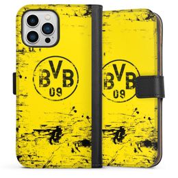 DeinDesign iPhone 13 Pro Max Handy Klapph&uuml;lle Handyh&uuml;lle aus Kunst Leder schwarz Flip Case Bvb Official Licensed Product Borussia Dortmund Sideflip mit langer 