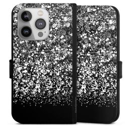 DeinDesign iPhone 14 Pro Handy Klapph&uuml;lle Handyh&uuml;lle aus Kunst Leder schwarz Flip Case Muster Snowflake Glitzer Sideflip mit langer Lasche
