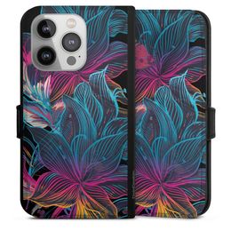 DeinDesign iPhone 14 Pro Handy Klapph&uuml;lle Handyh&uuml;lle aus Kunst Leder schwarz Flip Case Colourful Flowers Neon Sideflip mit langer Lasche