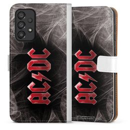 DeinDesign Galaxy A33 5G Handy Klapph&uuml;lle Handyh&uuml;lle aus Kunst Leder wei&szlig; Flip Case Acdc Merchandise Logo Sideflip mit Lasche