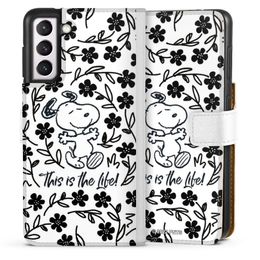 DeinDesign Galaxy S21 5G Handy Klapph&uuml;lle Handyh&uuml;lle aus Kunst Leder wei&szlig; Flip Case Peanuts Flowers Snoopy Sideflip mit Lasche