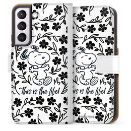 DeinDesign Galaxy S22 Handy Klapph&uuml;lle Handyh&uuml;lle aus Kunst Leder wei&szlig; Flip Case Peanuts Flowers Snoopy Sideflip mit Lasche