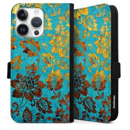 DeinDesign iPhone 14 Pro Max Handy Klapph&uuml;lle Handyh&uuml;lle aus Kunst Leder schwarz Flip Case Flowers Vintage Ornament Sideflip mit Lasche
