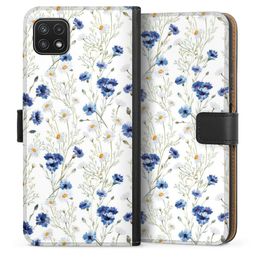 DeinDesign Galaxy A22 5G Handy Klapph&uuml;lle Handyh&uuml;lle aus Kunst Leder schwarz Flip Case Muster Flowers Flower Sideflip mit langer Lasche
