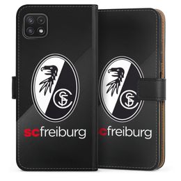 DeinDesign Galaxy A22 5G Handy Klapph&uuml;lle Handyh&uuml;lle aus Kunst Leder schwarz Flip Case Lettering Sc Freiburg Logo Sideflip mit langer Lasche