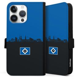 DeinDesign iPhone 14 Pro Max Handy Klapph&uuml;lle Handyh&uuml;lle aus Kunst Leder schwarz Flip Case Hsv Skyline Hamburg Sideflip mit Lasche