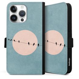 DeinDesign iPhone 14 Pro Max Handy Klapph&uuml;lle Handyh&uuml;lle aus Kunst Leder schwarz Flip Case Bird Turquoise Moon Sideflip mit Lasche