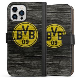 DeinDesign iPhone 13 Pro Max Handy Klapph&uuml;lle Handyh&uuml;lle aus Kunst Leder schwarz Flip Case Wooden Look Bvb Borussia Dortmund Sideflip mit langer Lasche