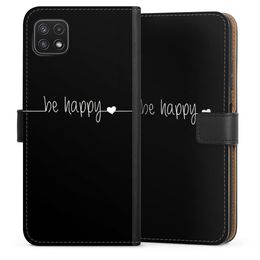 DeinDesign Galaxy A22 5G Handy Klapph&uuml;lle Handyh&uuml;lle aus Kunst Leder schwarz Flip Case Sayings Happiness Statement Sideflip mit langer Lasche