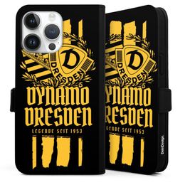 DeinDesign iPhone 14 Pro Max Handy Klapph&uuml;lle Handyh&uuml;lle aus Kunst Leder schwarz Flip Case Sg Dynamo Dresden Statement Sgd Sideflip mit Lasche