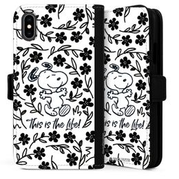 DeinDesign iPhone X Handy Klapph&uuml;lle Handyh&uuml;lle aus Kunst Leder schwarz Flip Case Peanuts Flowers Snoopy Sideflip mit langer Lasche