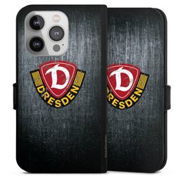 DeinDesign iPhone 14 Pro Handy Klapph&uuml;lle Handyh&uuml;lle aus Kunst Leder schwarz Flip Case Sgd Official Licensed Product Sg Dynamo Dresden Sideflip mit langer Lasche