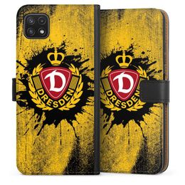 DeinDesign Galaxy A22 5G Handy Klapph&uuml;lle Handyh&uuml;lle aus Kunst Leder schwarz Flip Case Official Licensed Product Soccer Sg Dynamo Dresden Sideflip mit langer 