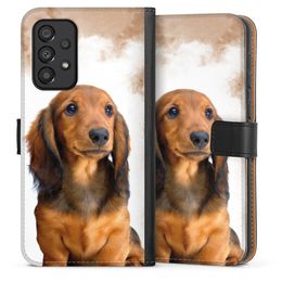 DeinDesign Galaxy A33 5G Handy Klapph&uuml;lle Handyh&uuml;lle aus Kunst Leder schwarz Flip Case Dog Dachshund Pet Sideflip mit langer Lasche