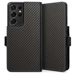 DeinDesign Galaxy S21 Ultra 5G Handy Klapph&uuml;lle Handyh&uuml;lle aus Kunst Leder schwarz Flip Case Carbon Metallic Look Muster Sideflip mit Lasche