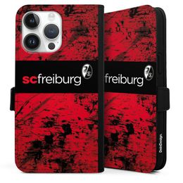 DeinDesign iPhone 14 Pro Max Handy Klapph&uuml;lle Handyh&uuml;lle aus Kunst Leder schwarz Flip Case Official Licensed Product Sc Freiburg Logo Sideflip mit Lasche