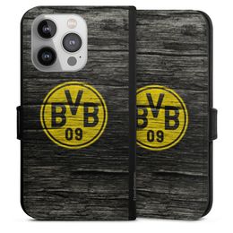 DeinDesign iPhone 14 Pro Handy Klapph&uuml;lle Handyh&uuml;lle aus Kunst Leder schwarz Flip Case Wooden Look Bvb Borussia Dortmund Sideflip mit langer Lasche
