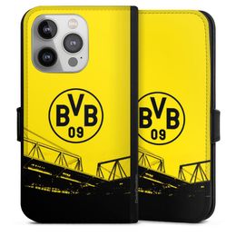 DeinDesign iPhone 14 Pro Handy Klapph&uuml;lle Handyh&uuml;lle aus Kunst Leder schwarz Flip Case Merchandise Bvb Borussia Dortmund Sideflip mit langer Lasche