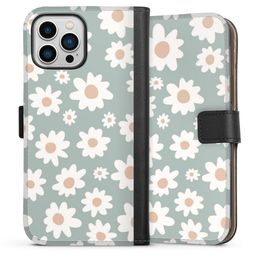 DeinDesign iPhone 13 Pro Max Handy Klapph&uuml;lle Handyh&uuml;lle aus Kunst Leder schwarz Flip Case Daisy Muster Flowers Sideflip mit langer Lasche