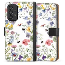 DeinDesign Galaxy A33 5G Handy Klapph&uuml;lle Handyh&uuml;lle aus Kunst Leder schwarz Flip Case Muster Flowers Bee Sideflip mit langer Lasche