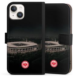 DeinDesign iPhone 14 Handy Klapph&uuml;lle Handyh&uuml;lle aus Kunst Leder schwarz Flip Case Stadium Official Licensed Product Eintracht Frankfurt Sideflip mit Lasche