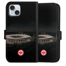 DeinDesign iPhone 15 Handy Klapph&uuml;lle Handyh&uuml;lle aus Kunst Leder schwarz Flip Case Stadium Official Licensed Product Eintracht Frankfurt Sideflip mit Lasche