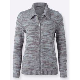WITT Damen Strickjacke mit geripptem Polokragen, grau-kalkmint-gemustert, Gr&ouml;&szlig;e 40
