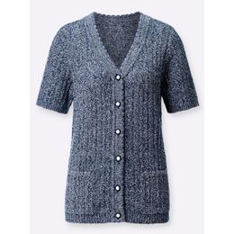 WITT Damen Ajourstrickjacke mit Taschen, aufgesetzt, marine-hellblau-meliert, Gr&ouml;&szlig;e 52