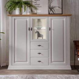 Pharao24.de Landhaus Highboard in Weiß und Eichefarben drei Schubladen