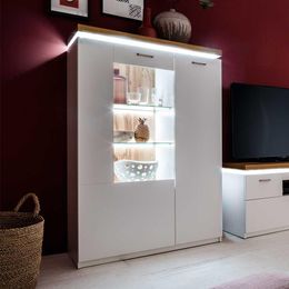 Pharao24.de Highboard Vitrine in Weiß und Wildeiche Optik LED Beleuchtung