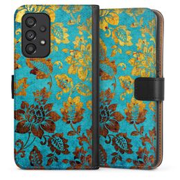 DeinDesign Galaxy A53 5G Handy Klapph&uuml;lle Handyh&uuml;lle aus Kunst Leder schwarz Flip Case Flowers Ornament Vintage Sideflip mit langer Lasche
