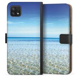 DeinDesign Galaxy A22 5G Handy Klapph&uuml;lle Handyh&uuml;lle aus Kunst Leder schwarz Flip Case Sky Ocean Urlaub Sideflip mit langer Lasche