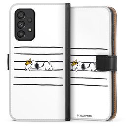 DeinDesign Galaxy A33 5G Handy Klapph&uuml;lle Handyh&uuml;lle aus Kunst Leder schwarz Flip Case Snoopy Dog Peanuts Sideflip mit langer Lasche