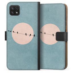 DeinDesign Galaxy A22 5G Handy Klapph&uuml;lle Handyh&uuml;lle aus Kunst Leder schwarz Flip Case Turquoise Bird Moon Sideflip mit langer Lasche