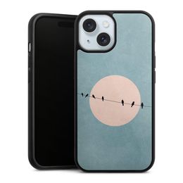 DeinDesign iPhone 15 Handy Gallery Case Handyh&uuml;lle 9H Geh&auml;rtetes Glas R&uuml;ckseite H&uuml;lle Bird Turquoise Moon Gallery Case