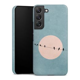 DeinDesign Galaxy S22 Handy Premium Case Smartphone Handyh&uuml;lle Schutzh&uuml;lle gl&auml;nzend Bird Turquoise Moon Premium Case