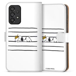 DeinDesign Galaxy A33 5G Handy Klapph&uuml;lle Handyh&uuml;lle aus Kunst Leder wei&szlig; Flip Case Snoopy Dog Peanuts Sideflip mit Lasche