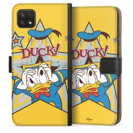 DeinDesign Galaxy A22 5G Handy Klapph&uuml;lle Handyh&uuml;lle aus Kunst Leder schwarz Flip Case Disney Official Licensed Product Donald Duck Sideflip mit langer Lasche