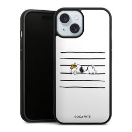 DeinDesign iPhone 15 Handy Gallery Case Handyh&uuml;lle 9H Geh&auml;rtetes Glas R&uuml;ckseite H&uuml;lle Snoopy Dog Peanuts Gallery Case