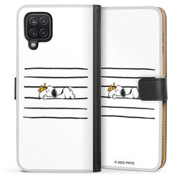 DeinDesign Galaxy A12 Handy Klapph&uuml;lle Handyh&uuml;lle aus Kunst Leder schwarz Flip Case Snoopy Dog Peanuts Sideflip mit langer Lasche
