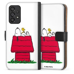 DeinDesign Galaxy A53 5G Handy Klapph&uuml;lle Handyh&uuml;lle aus Kunst Leder schwarz Flip Case Snoopy Peanuts Official Licensed Product Sideflip mit langer Lasche