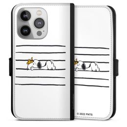 DeinDesign iPhone 14 Pro Handy Klapph&uuml;lle Handyh&uuml;lle aus Kunst Leder schwarz Flip Case Snoopy Dog Peanuts Sideflip mit langer Lasche