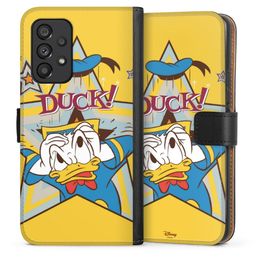 DeinDesign Galaxy A53 5G Handy Klapph&uuml;lle Handyh&uuml;lle aus Kunst Leder schwarz Flip Case Disney Official Licensed Product Donald Duck Sideflip mit langer Lasche