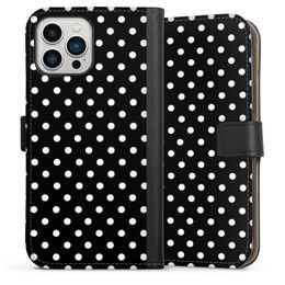 DeinDesign iPhone 13 Pro Max Handy Klapph&uuml;lle Handyh&uuml;lle aus Kunst Leder schwarz Flip Case Retro Points Polka Dots Sideflip mit langer Lasche