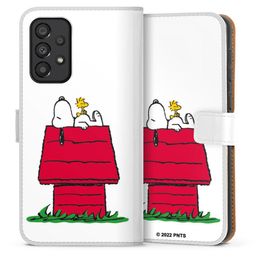 DeinDesign Galaxy A33 5G Handy Klapph&uuml;lle Handyh&uuml;lle aus Kunst Leder wei&szlig; Flip Case Snoopy Official Licensed Product Peanuts Sideflip mit Lasche