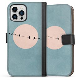 DeinDesign iPhone 13 Pro Max Handy Klapph&uuml;lle Handyh&uuml;lle aus Kunst Leder schwarz Flip Case Bird Turquoise Moon Sideflip mit langer Lasche