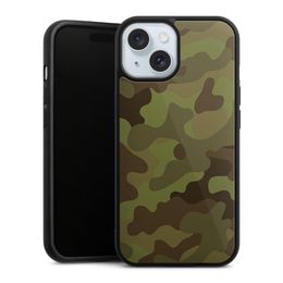 DeinDesign iPhone 15 Handy Gallery Case Handyh&uuml;lle 9H Geh&auml;rtetes Glas R&uuml;ckseite H&uuml;lle Camouflage Tarnmuster Army Gallery Case