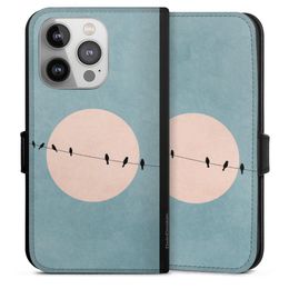 DeinDesign iPhone 14 Pro Handy Klapph&uuml;lle Handyh&uuml;lle aus Kunst Leder schwarz Flip Case Bird Turquoise Moon Sideflip mit langer Lasche