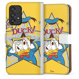 DeinDesign Galaxy A33 5G Handy Klapph&uuml;lle Handyh&uuml;lle aus Kunst Leder wei&szlig; Flip Case Disney Official Licensed Product Donald Duck Sideflip mit Lasche